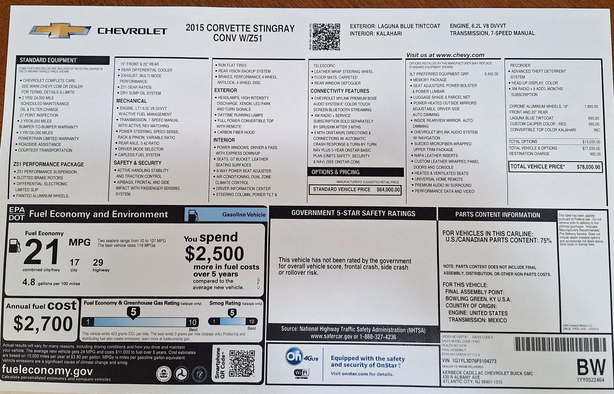 Build sheet & window sticker! - CorvetteForum - Chevrolet Corvette ...