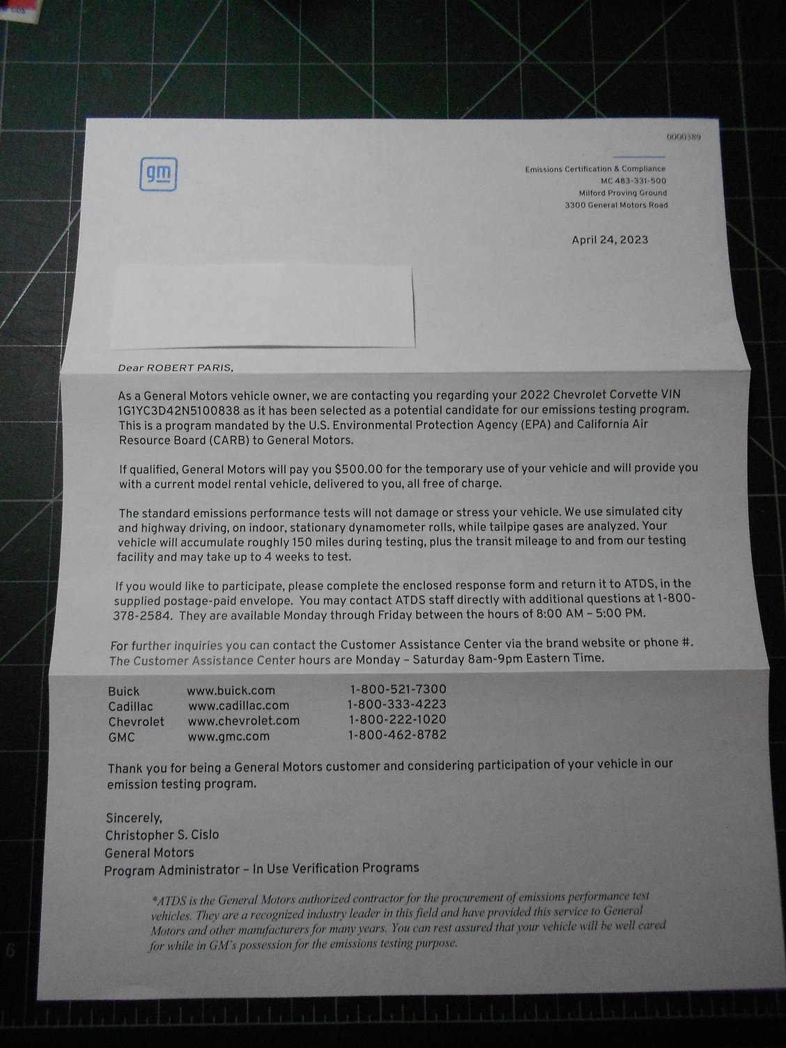 GM Corvette Emissions Testing Program letter - CorvetteForum ...