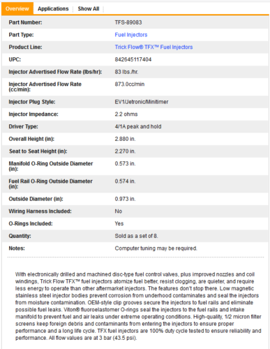 FS (For Sale) 8x Trick Flow TFS 83 lb/hr Fuel Injectors part# 89083 LOW ...