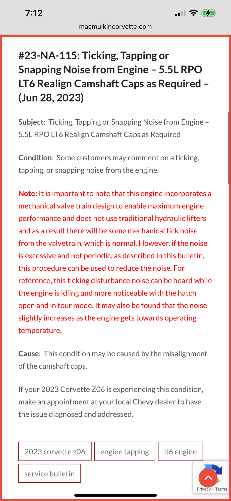 Service bulletin 2023 Z06 re tapping noise….. anyone have this ...