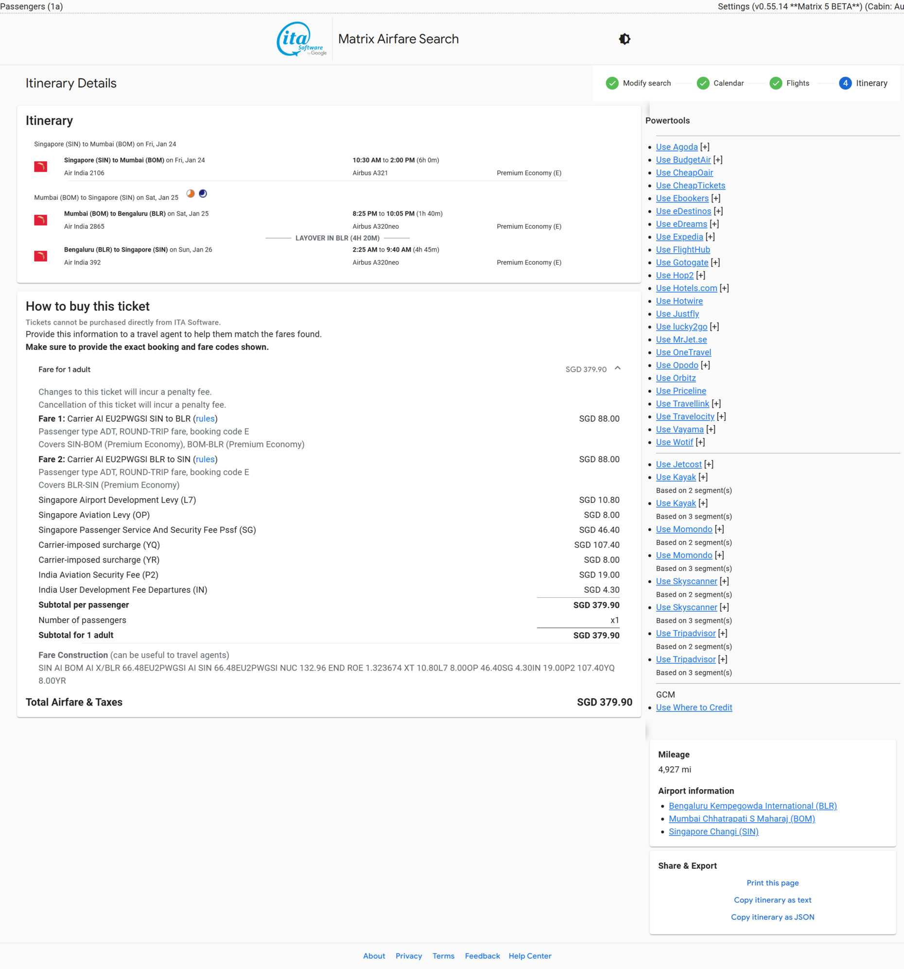 AI - SIN-BLR/BOM - 380 SGD / $283 USD r/t - Premium Economy - FlyerTalk Forums