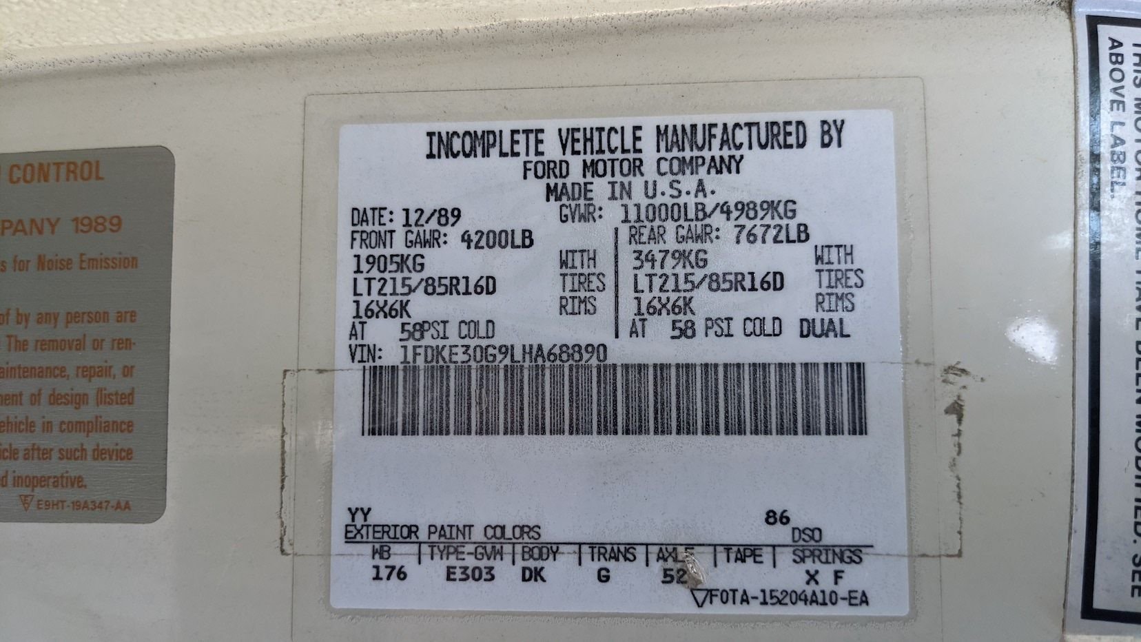 1990 Ford E-350 RV Tioga Arrow: where is 'Federal safety label'? - Ford ...