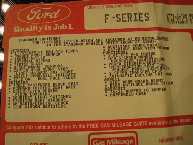 Anybody have their window sticker for 1994 F-Series? - Ford Truck ...